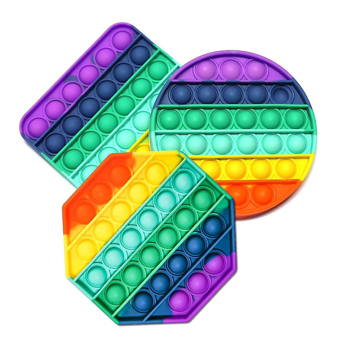 Fidget Sensory Toy Its Pushit Pop Bubble - Rainbow Games, Stress Toys, 3 Packs for Children and Adults Fidget Stress Relief - 3 Shapes Fidget It - Circle Square Octagon