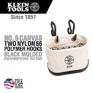 Klein Tools 5144 Canvas Bucket, Aerial Oval Tool Bucket with Black Molded Polypropylene Bottom, Includes Hooks, 15 Pockets