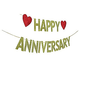 TENNYCHAOR Happy Anniversary Banner,Gold Glitter Heart Paper Sign Perfect for Wedding Anniversary Party Decorations.