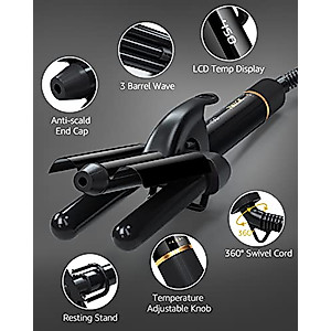Hair Waver, 3 Barrel Curling Iron for Beachy Waves, Hair Crimper with LCD Temp Display, Ceramic Tourmaline Triple Barrels Curling Wand, Beach Waver Curling Iron with Dual Voltage, Black