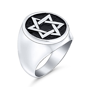 Bling Jewelry Personalize Large Statement Religious Magen Judaic Hanukkah Star of David Bar Mitzvah Round Signet Band Ring for Men Enamel Silver Tone Stainless Steel Custom Engraved