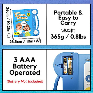 ZeenKind French English Talking Learning Book for Kids 2 3 4 5 6 Years Old, Learn French Interactive Audio Sound Books for Toddlers, Francais Educational Electronic Toys, Bilingual Musical Toy