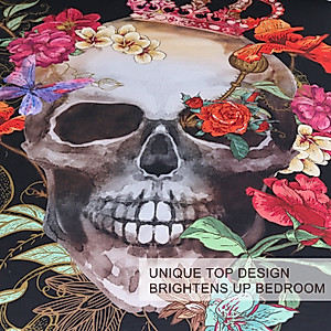 BlessLiving Skull Roses Bedding Queen Size 3 Pieces Sugar Skull Duvet Cover with 2 Queen and King Print Pillow Cases Couples Bedding Skull Bedset