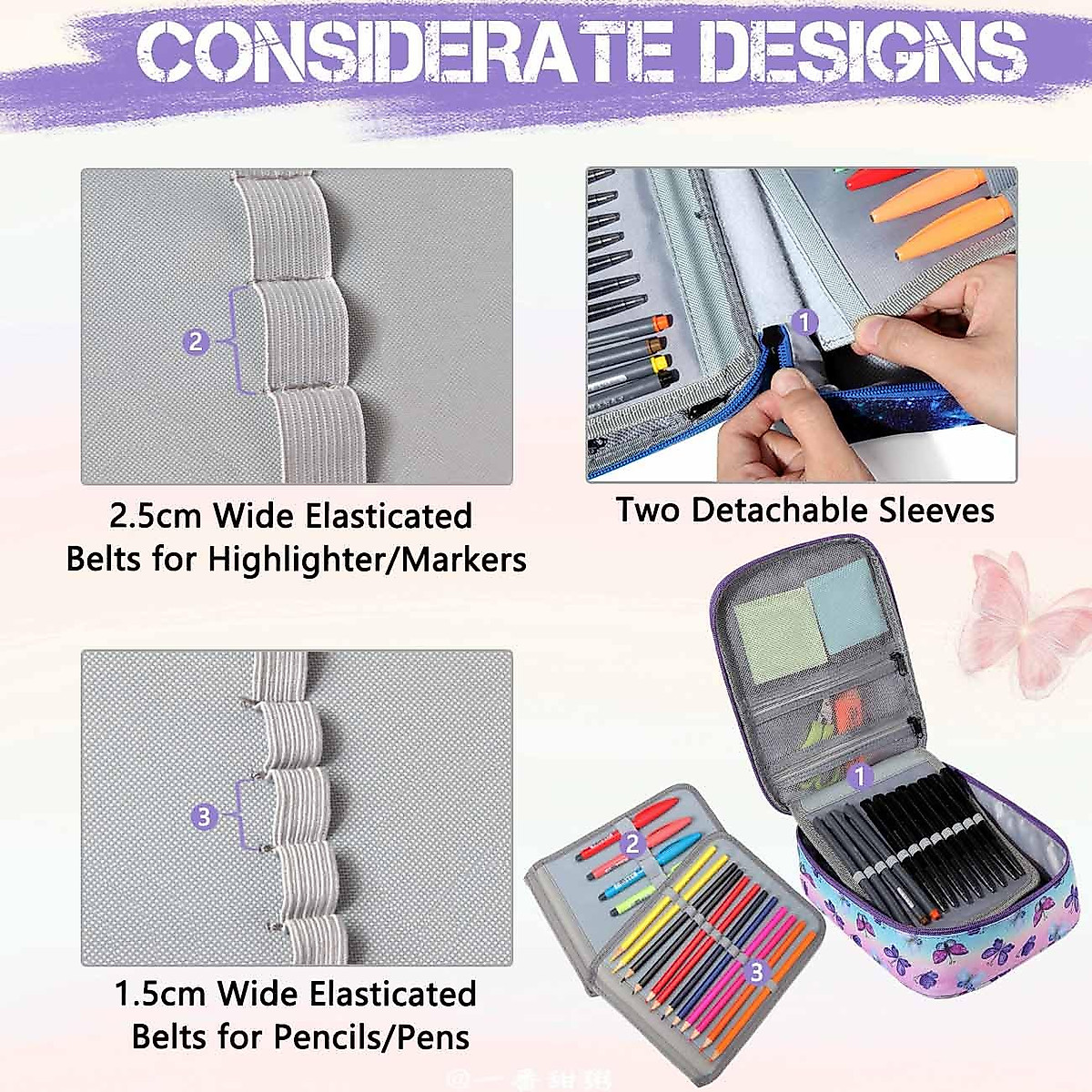 Kasqo Large Pencil Case, Marker Pencils Pouch Bag Holder Polyester Stationery Storage Multiple Compartment Top Handle for Middle High School Office College Student Girl Women Adult Teens, Butterfly