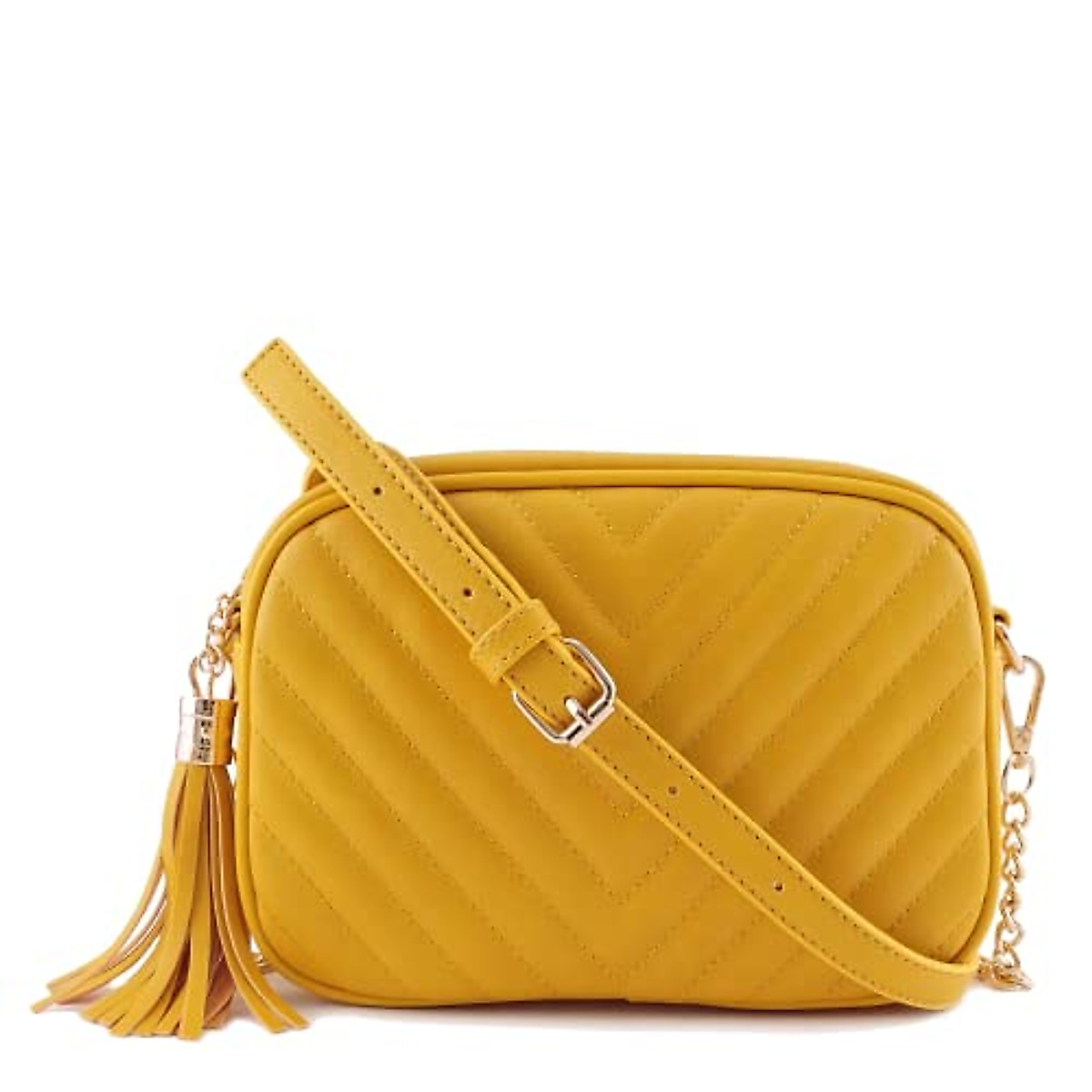 Simple Shoulder Crossbody Bag With Metal Chain Strap And Tassel Top Zipper (Mustard)