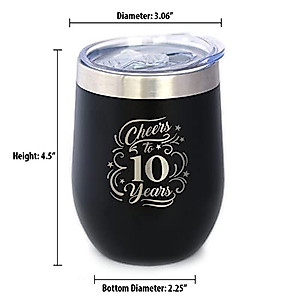 Cheers to 10 Years - Wine Tumbler Glass with Sliding Lid - Stainless Steel Insulated Mug - 10th Anniversary Gifts and Party Decor - Black