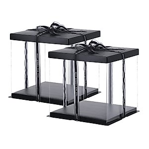 XININSUN 2Pcs Large Cake PET Clear Box, 10" X 10" X 9" with ribbon and pre-folded lid, for 8" cake packing carry, baking cookie display, Carry Tall Layer Gift, Festive Gift Box -Black