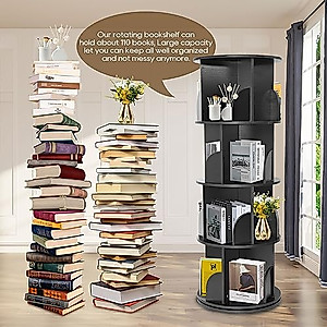 Dozont Upgraded 18" Rotating Bookshelf Tower, 4 Tier Circular Bookshelf for Kids&Adults, Wood 360° Floor Standing Book Storage Rack, Spinning Bookshelf Tower for Office Home Living Room Study, Black