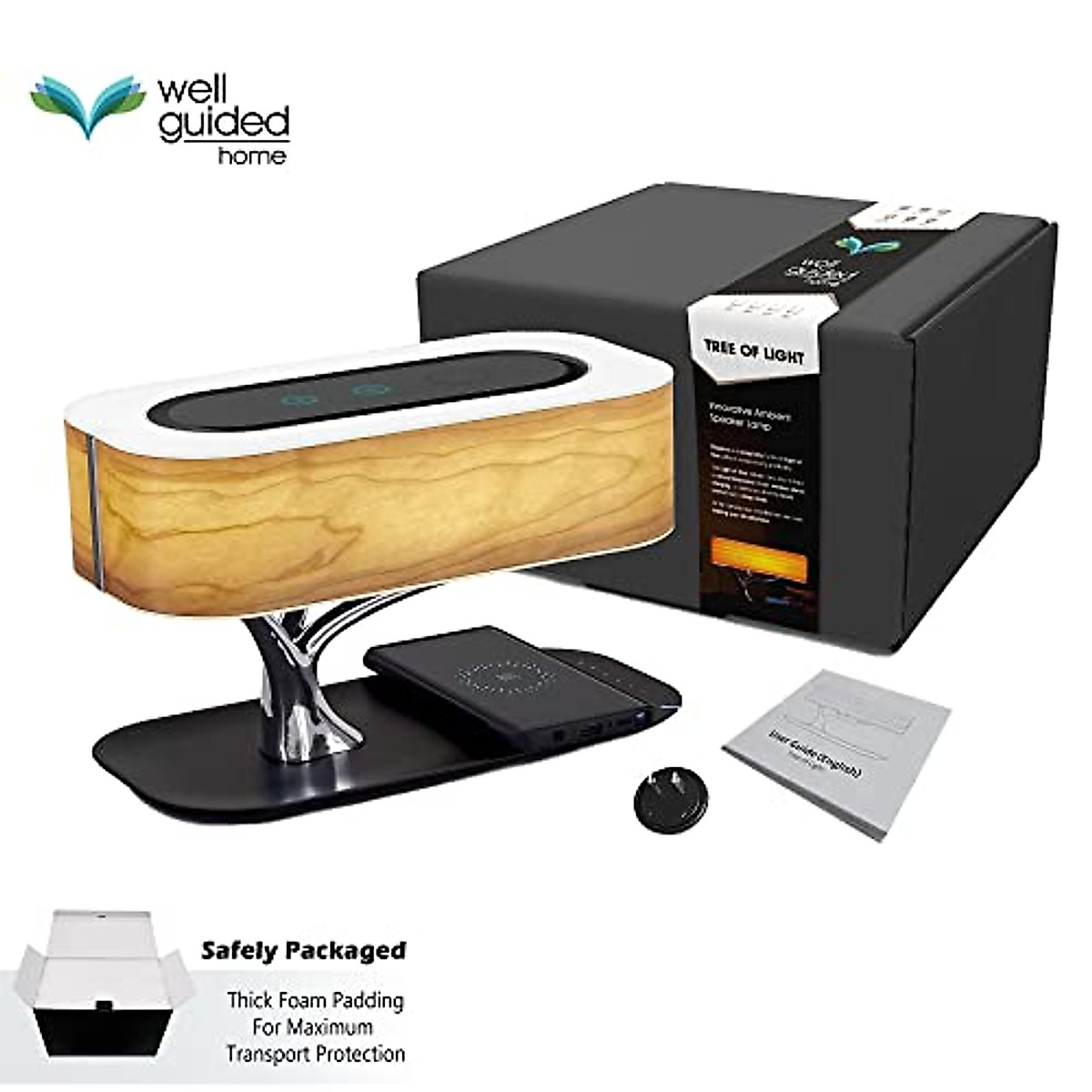 Well Guided Tree of Light Bedside Table Lamp Shade Modern Bedroom Desk Night Light Bluetooth Speaker Fast Qi Wireless Charger Touch Control Dimmable LED Light Smart Corner Lampshade Cherrywood