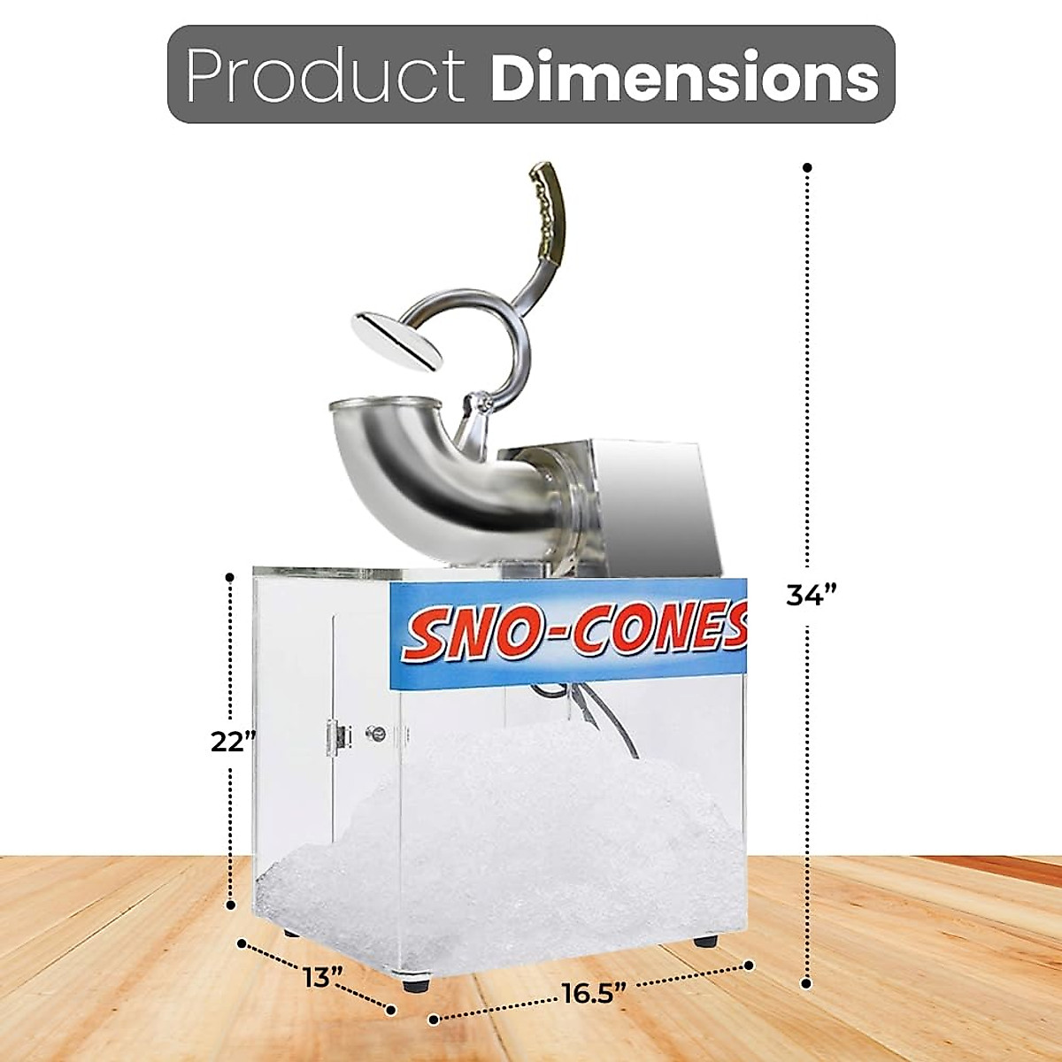 WYZworks Stainless Steel 440 lbs/hr Electric Ice Shaver Machine with Dual Blades 250W Ice Crusher Snow Cone Maker Machines w Acrylic Box for Home, Restaurants, Bars, Party