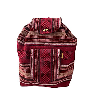 BURGUNDY & TAN , PINZON BACKPACK , FASHION BACKPACK , WOVEN , MEXICAN BACKPACK , SCHOOL BACKPACK , WEEKEND , BEACH BAG , BOHO BAG , CASUAL , DAYPACK , COACHELLA , MOCHILA , MADE IN MEXICO, Red