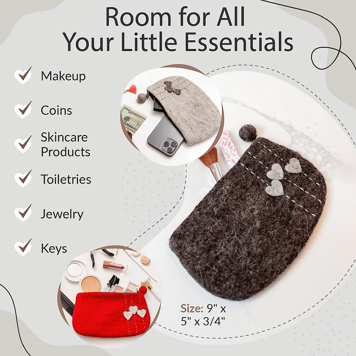 Simply Inspired Handmade Wool Heart Purse Cosmetic Pouch - Mini Cosmetic Pouch - Small Makeup Bag - Travel Red Heart Bag Is a Great Gift for Women - Set of 3