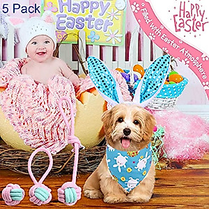 Dog Easter Bunny Costume, 5 Pieces Sequin Pet Rabbit Ears Headband Headwear, Rabbit Egg Bandana, Teething Chew Rope Ball Toy Set, Dog Easter Costumes for Small Medium Dogs Puppy Party Accessory (Blue)