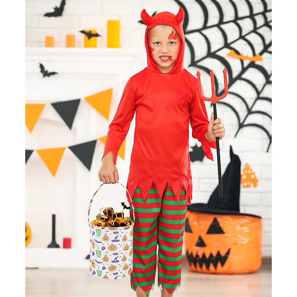 DDBASKET Halloween Bucket Halloween Trick or Treat Candy Bucket Pumpkin Pattern Halloween Party Tote Bags Gift Basket Goody Bucket for Kids Halloween Party Supplies(Spooky Pumpkin)