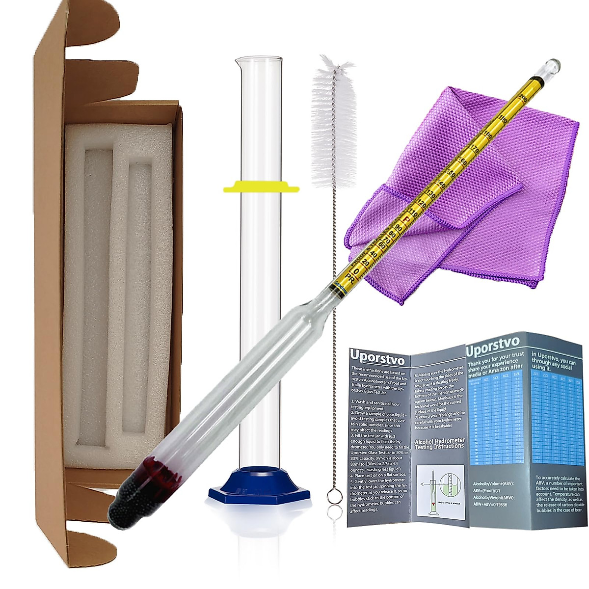 0-200 Proof & Tralle Alcohol Hydrometer Meter Test Kit,with Glass Test Jar,Accurate Tester & Glass Cylinder for Proofing Distilled Spirits & Moonshine Alcoholmeter Testing Set,Uporstvo