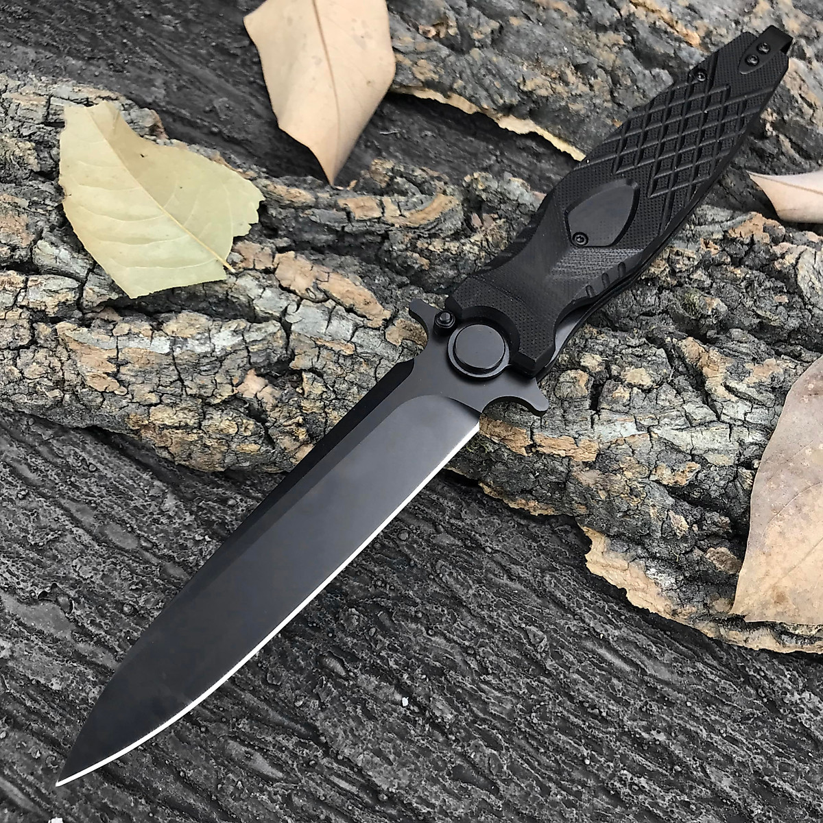 Large Flipper Assisted Opening Pocket Knife, 5‘’ D2 Steel Folding Knife with G10 Handle and Liner Lock, for EDC Survival Camping Hiking(Black)