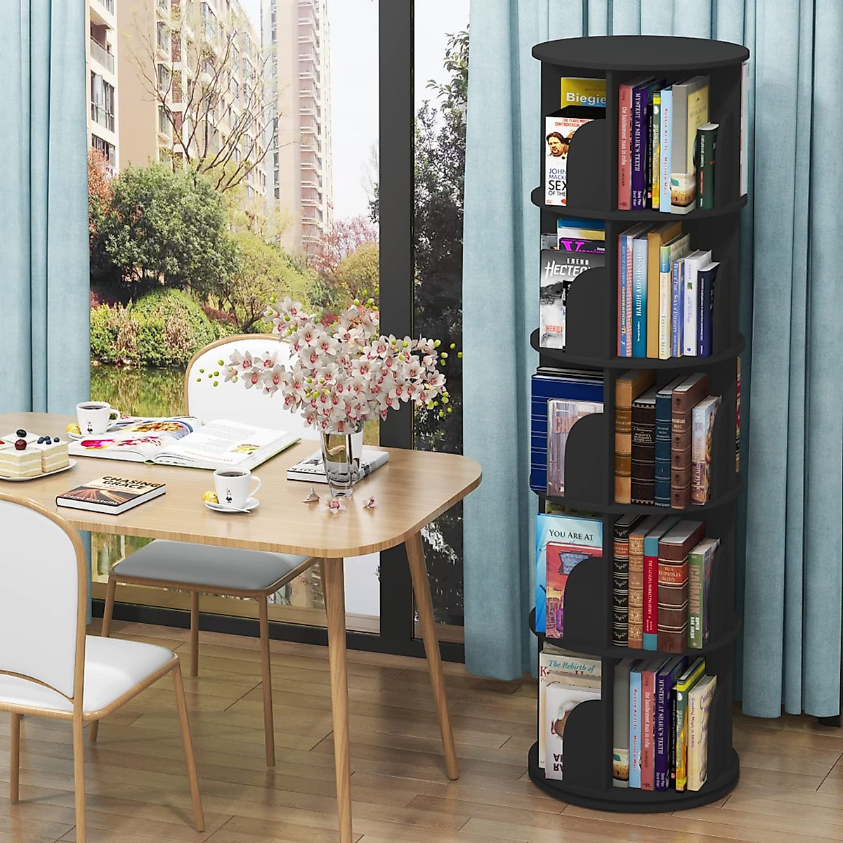 INTEXCA & DESIGN 5 Tier 360° Rotating Stackable Shelves Bookshelf Organizer (Black), White, RotatingBookshelf_5Tier_White