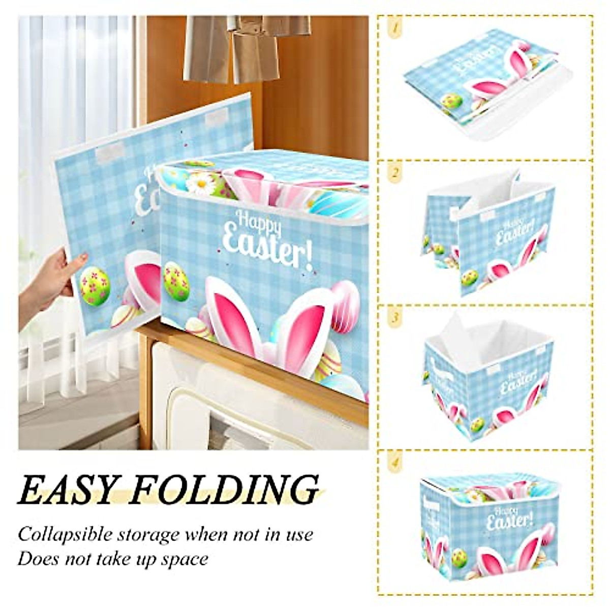 Kigai Happy Easter Storage Bins Foldable Large Cube Storage Box with Lids and Handles for Home Organizer Closet Office Decor 16.5x12.6x11.8 In