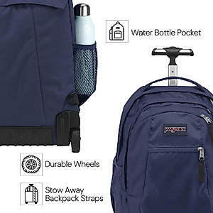 JanSport Driver 8 Rolling Backpack and Computer Bag for College Students, Teens, Navy - Durable Laptop Backpack with Wheels, Tuckaway Straps, 15-inch Laptop Sleeve - Premium Bookbag Rucksack