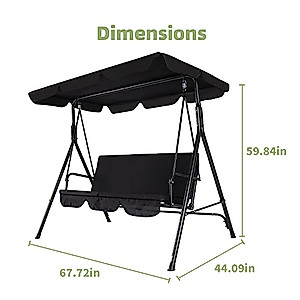Funny Sunny 3 Seat Porch Swing Chair with Canopy - Outdoor Patio Swings with Adjustable Canopy and Removable Cushion, Durable Steel Frame Swing Best for Patio, Garden, Yard, Black