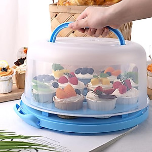JOHOUSE Round Cake Carrier with Lid, Blue Cake Holder Cupcake Container with Dome for 11 Cupcakes 2 in 1 Portable Dessert Container for Cake Pie Muffin Cobbler