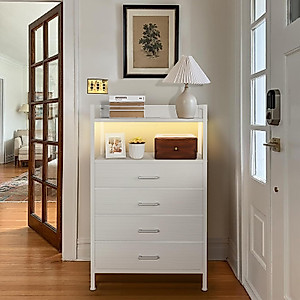 KAI-ROAD White Dresser for Girls Bedroom, 4 Drawer Dresser with LED Light and Charging Station, Tall Nightstand Large Kids Dresser with Open Shelf