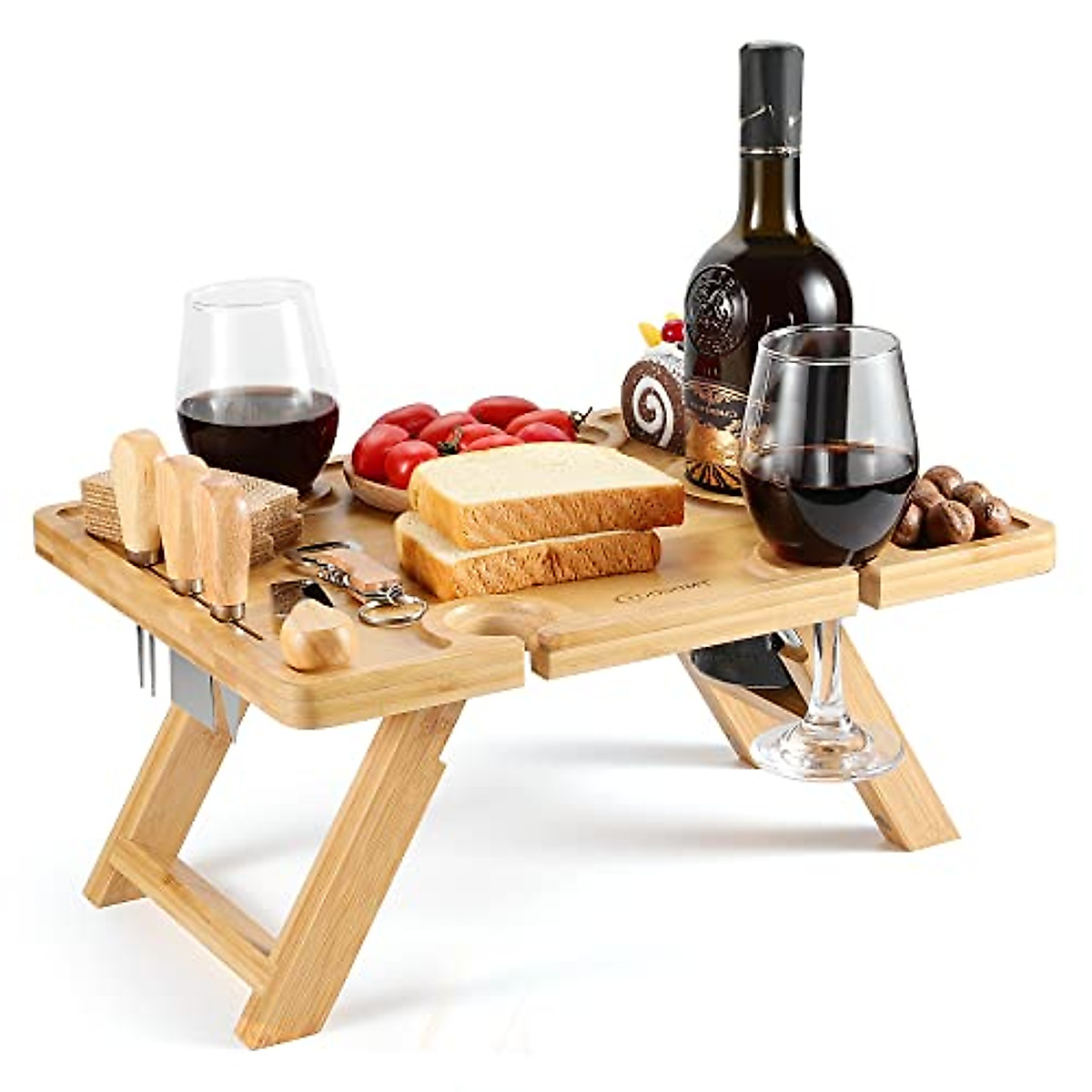tgosomt Wine Picnic Table Foldable, Portable Bamboo Picnic Table, Picnic Tray for Outdoor, Park, Camping, Beach