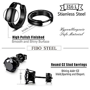 FIBO STEEL 10 Pairs Stainless Steel Black Stud Earrings for Men Women Huggie Earring Ear Piercing Set Hoop