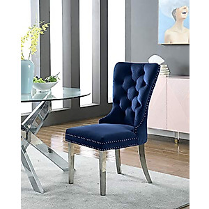Meridian Furniture Carmen Collection Modern | Contemporary Velvet Upholstered Dining Chair with Button Tufting and Chrome Metal Legs, Set of 2, Navy, 21.5" W x 27" D x 39.5" H