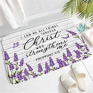 Lavender Lilac Bath Mat,Rustic Purple Flowers and Butterfly Inspirational Quote Farmhouse Vintage Wooden Spring Rugs Non-Slip Bathroom Mat Rug Bath Mats Home Kitchen Door Floor Mat Carpet 31"x20"