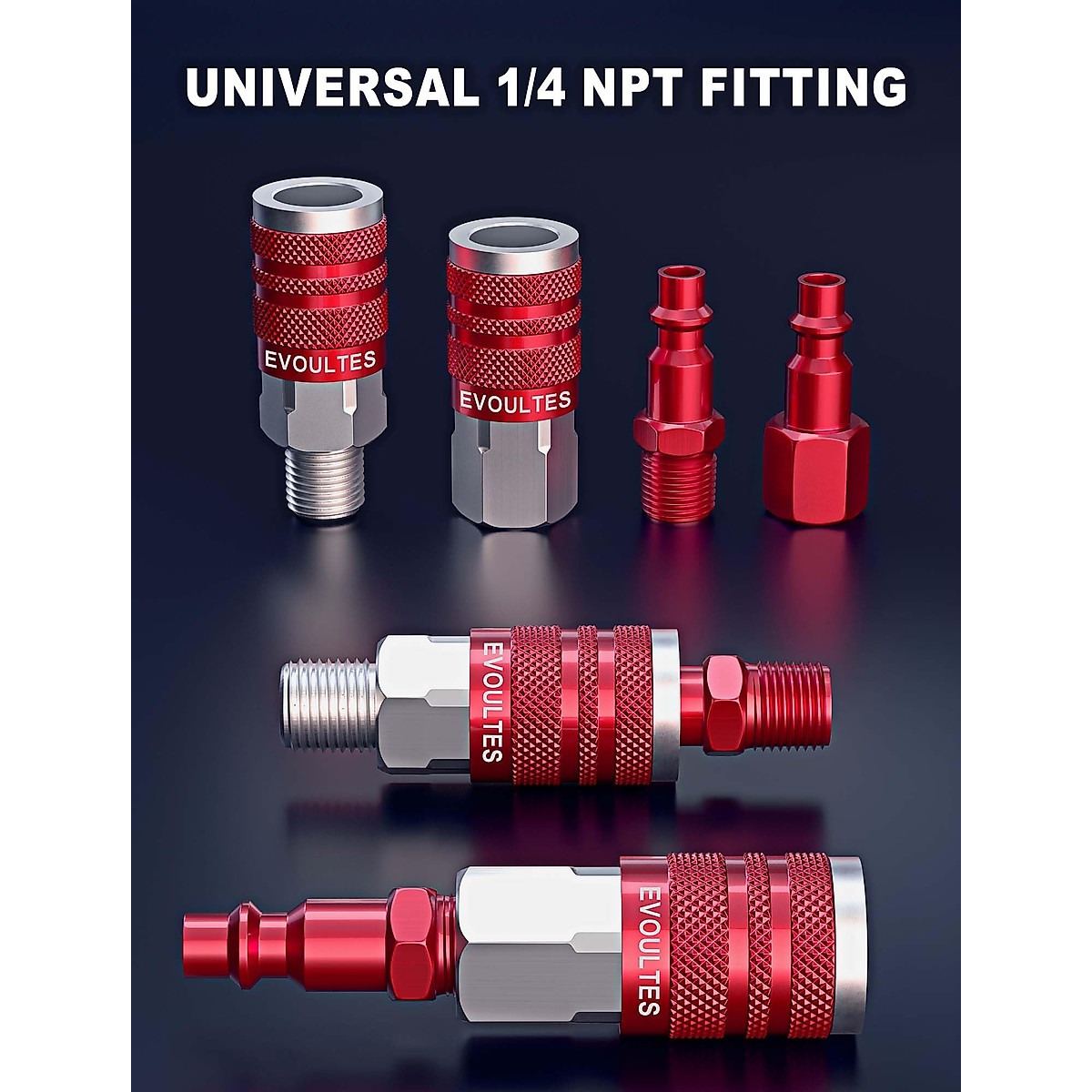 EVOULTES 16 Pieces Universal 1/4" NPT Air Hose Fittings & Air Coupler Kit, Lightweight Aluminium Air Fittings Kit with Quick Connect Air Plug, Pneumatic Air Tool Fitting for Air Compressor Accessories