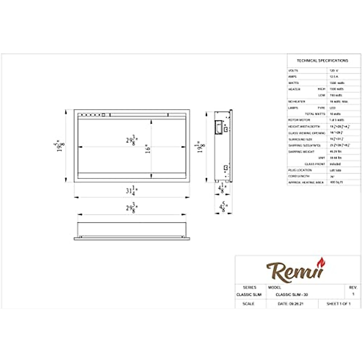 Remii Classic Slim Smart Electric -30-Inch WiFi Enabled Fireplace, Featuring a Multifunction Remote Control, Multi Speed Flame Motor