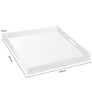 MIKINEE 24×24 Inches Glossy White Acrylic Serving Tray with Handles Extra Large Ottoman Tray Decorative Tray Spill-Proof Coffee Table Space Saver Oversize Counter top Organizer Platter with Safe Edge