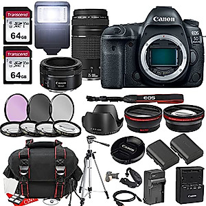 Canon EOS 5D Mark IV DSLR Camera w/EF 50mm f/1.8 STM Lens + 75-300mm F/4-5.6 III Lens + 2X 64GB Memory + Hood + Case + Filters + Tripod + More (35pc Bundle)