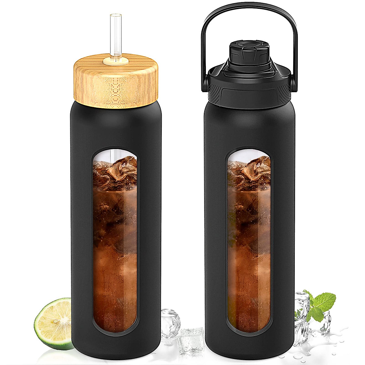 Kodrine Glass Water Bottles with Straw, 24oz Water Bottle with 2 Lids - Handle Spout Lid & Bamboo Straw Lid, Motivational Water Bottle with Silicone Sleeve, Wide Mouth, Leakproof, BPA Free(Black)