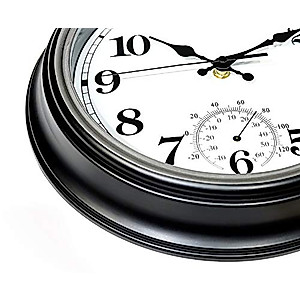 SMILEMARY 12-Inch Indoor/Outdoor Retro Silent Non-Ticking Waterproof Wall Clock with Thermometer,Battery Operated Quality Quartz Round Clock Wall Decorative for Patio/Home