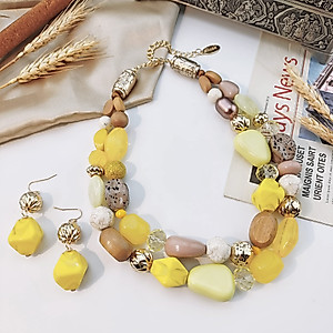 Bocar 2 Layer Statement Chunky Beaded Fashion Collar Necklace for Women Gifts (NK-10384-yellow-set)