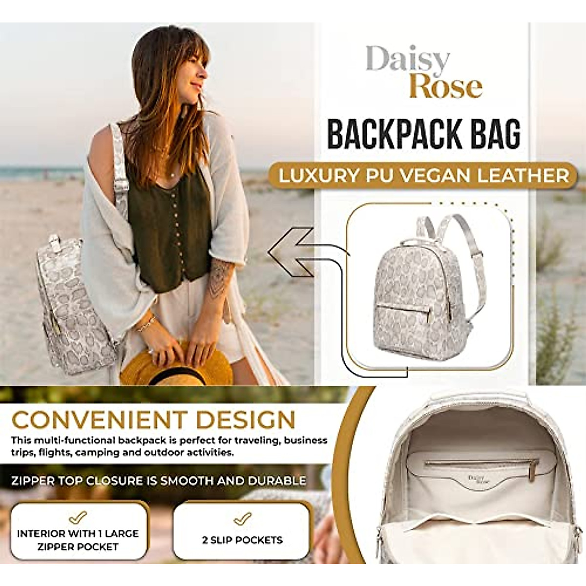 Daisy Rose Backpack Travel Bag for Work, School, Airplane Flights & Camping, PU Vegan Leather - Leopard