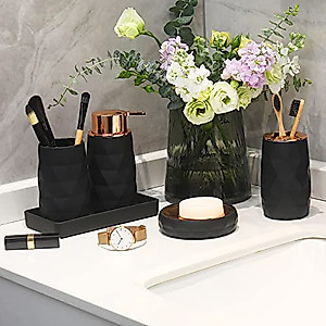 GAHEFY Bathroom Accessories Set 5 pcs,Bathroom Soap and Lotion Dispenser Set with Tray,Toothbrush Holder,Soap Dish (Rose Gold Black)