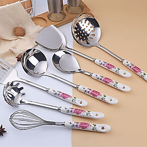 7-Piece Stainless Steel Cooking Utensils Set with ceramic Handle and Holder, Kitchen Utensil Tableware Set, Spatula, Turner Spatula, Ladle, Serving Spoon, Slotted Spoon, Pasta Server, Whisk
