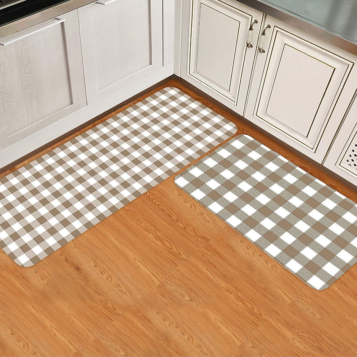 2 Pieces Kitchen Rugs Sets, Country Style Brown and White Checkered Plaid Gingham Non-Slip Hallway Stair Runner Rug Mats Doormat for Floor, Office, Sink, Laundry