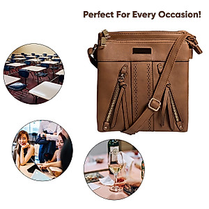 Multi-Pocket Crossbody Bags for Women, Lightweight Purses and Handbags, Vegan Leather Purses for Women with Tassel (Brown)