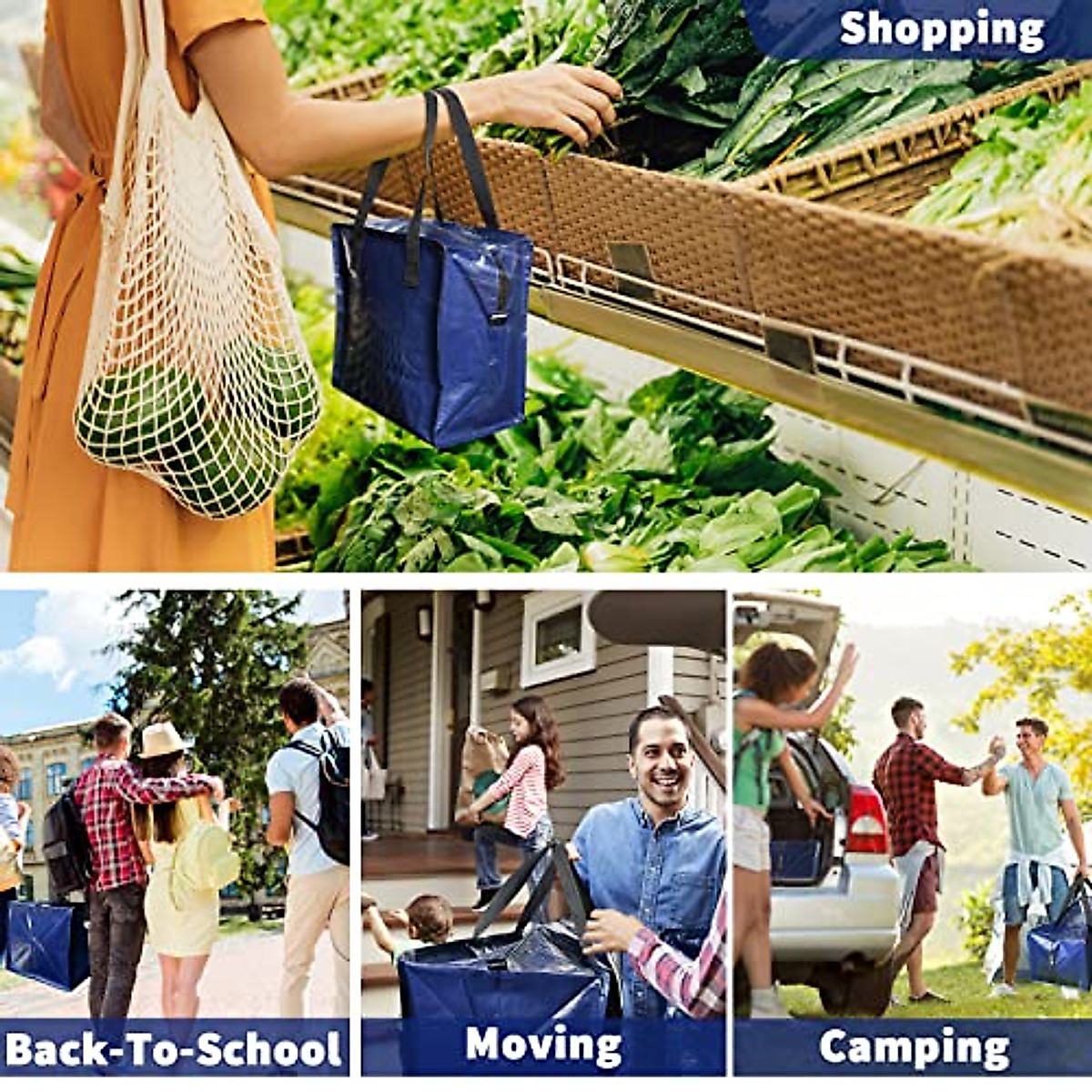 YUNSWAG Moving Bags Heavy Duty, Large Storage Bags Recycled Reusable Plastic Totes with Zipper and Carrying Handles Packing Supplies for Camping, Clothes Moving Container, College Dorm Room Essentials