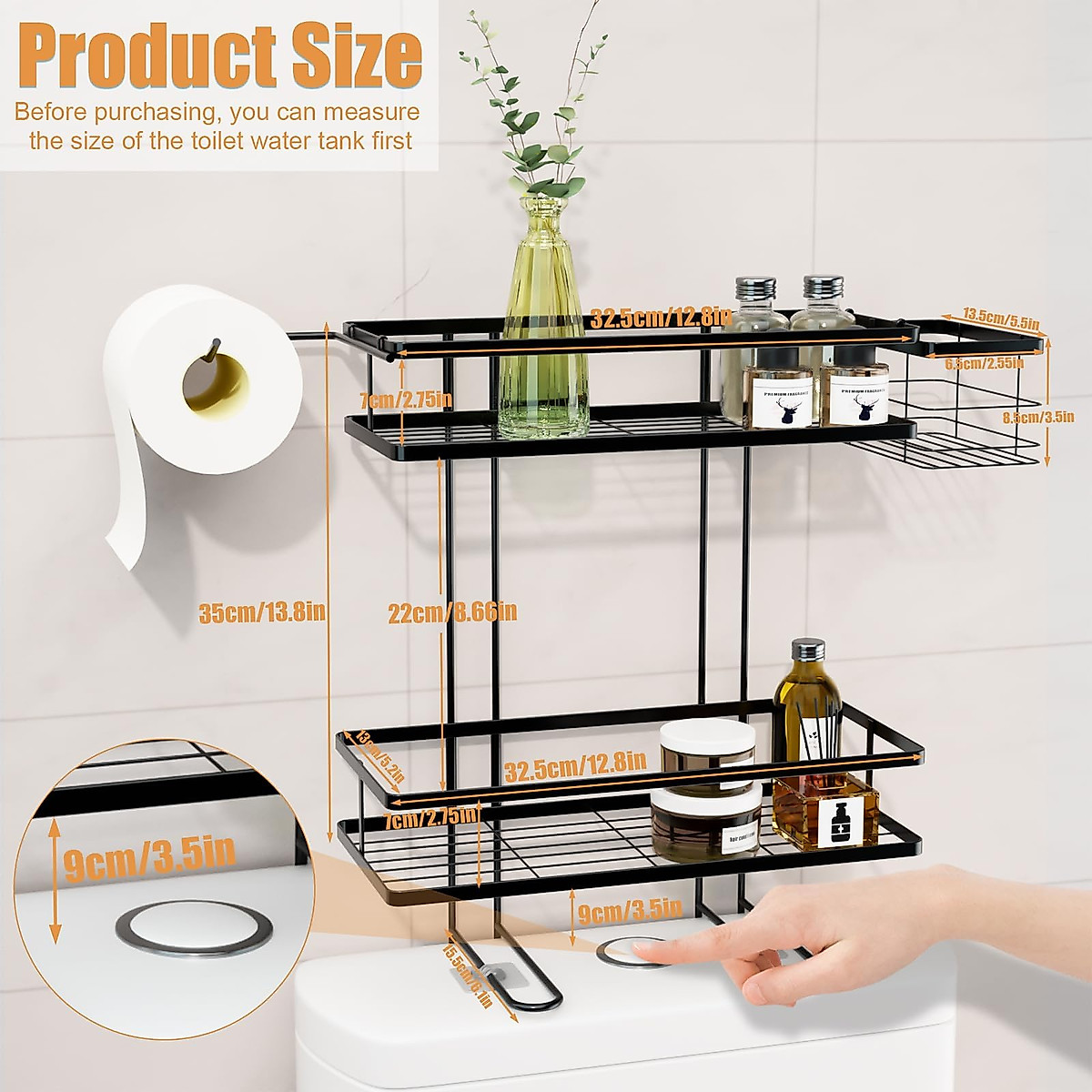IIQ Over The Toilet Storage,2-Tier Bathroom Organizer Over Toilet with Removable Basket Paper Holder, Above Toilet Storage with Non-Trace Adhesive, No Drilling Toilet Organizer