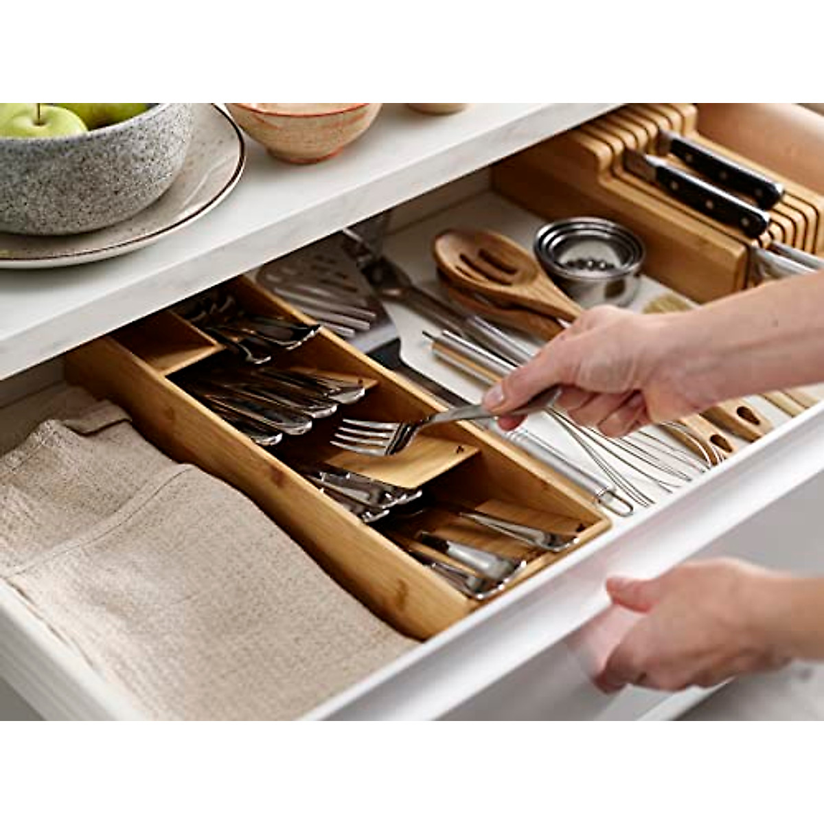 Joseph Joseph 85168 DrawerStore Compact Utensil Organizer For Kitchen Drawer Silverware, Flatware Tray, Small, Bamboo