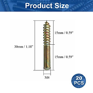 MroMax 20Pack M4 x 30mm Hanger Bolts, Length 1.18"(30mm) Double Headed Bolts，4mm (0.16") Wood Dowel Screw Self-Tapping Screw Hanger Bolts for Wood Joint Furniture Legs