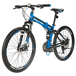 EUROBIKE YH-G4 Folding Mountain Bike for Adults 26 Inch Wheels 21 Speed Full Suspension Dual Disc Brakes Foldable Frame Bicycle (Blue)