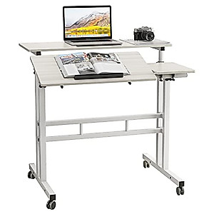 DlandHome Adjustable Rolling Desk Standing Desk, Sit-Stand Desk Cart Mobile Computer Desk Stand Up Desk Office Desk Riser Standing Table Workstation Mobile Desk, Maple