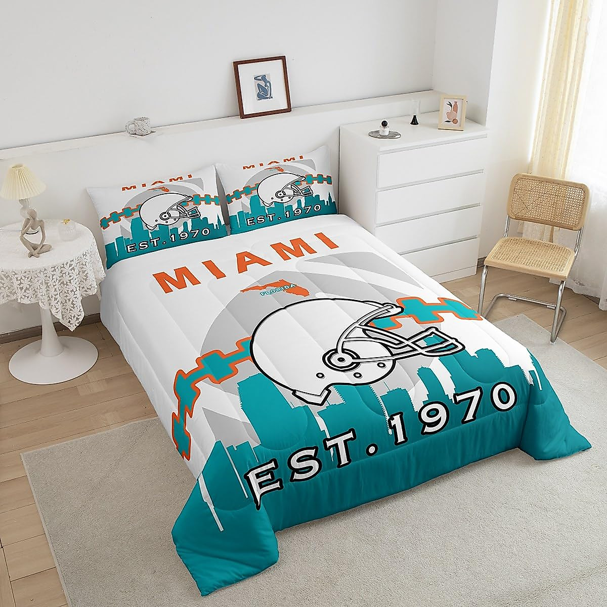 Erosebridal Sports Comforter Set Queen,Boys Football Bedding Set for Kids Boys Girls,Blue Orange Rugby Quilt Inner Fill,American Football City Down Comforter with 2 Pillowcases(Miami)