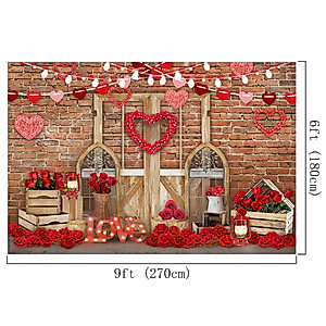 Lofaris Valentine's Day Party Backdrop for Photography Rustic Wood Door Brick Wall Red Heart Mother's Day Background Birthday Baby Shower Portrait Photo Booth Props 9x6ft